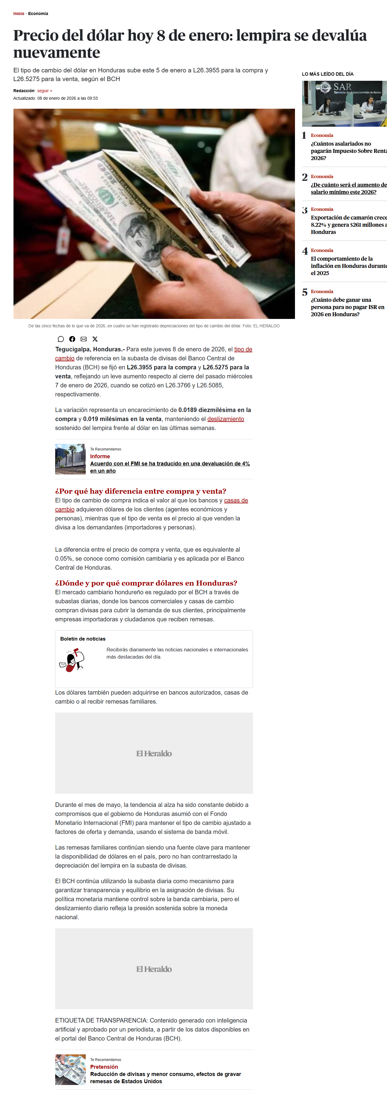 SEPROC - PRECIO DEL DÓLAR HOY 8 DE ENERO: LEMPIRA SE DEVALÚA NUEVAMENTE
